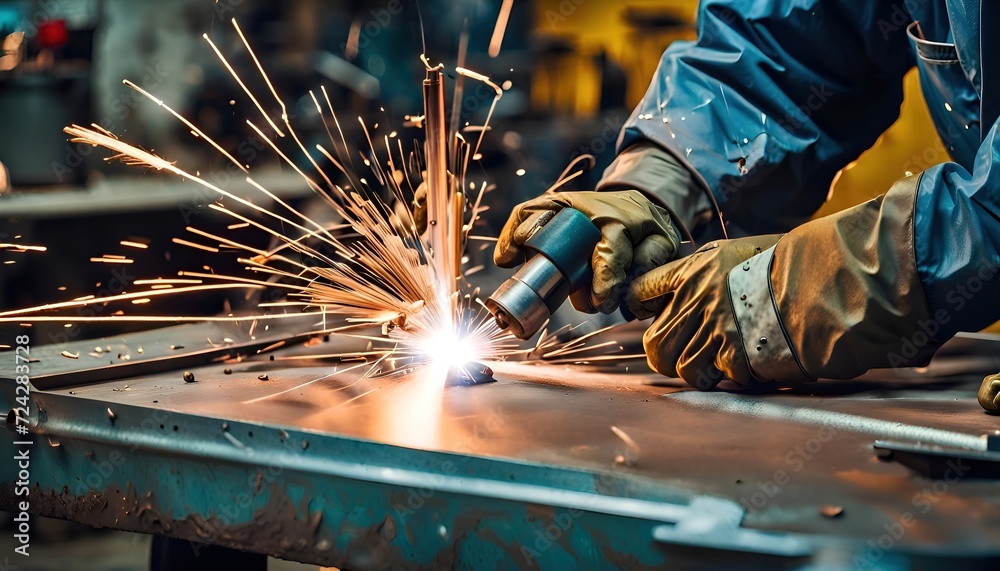 Mechanic or welder welds metal materials together by hand using a ...