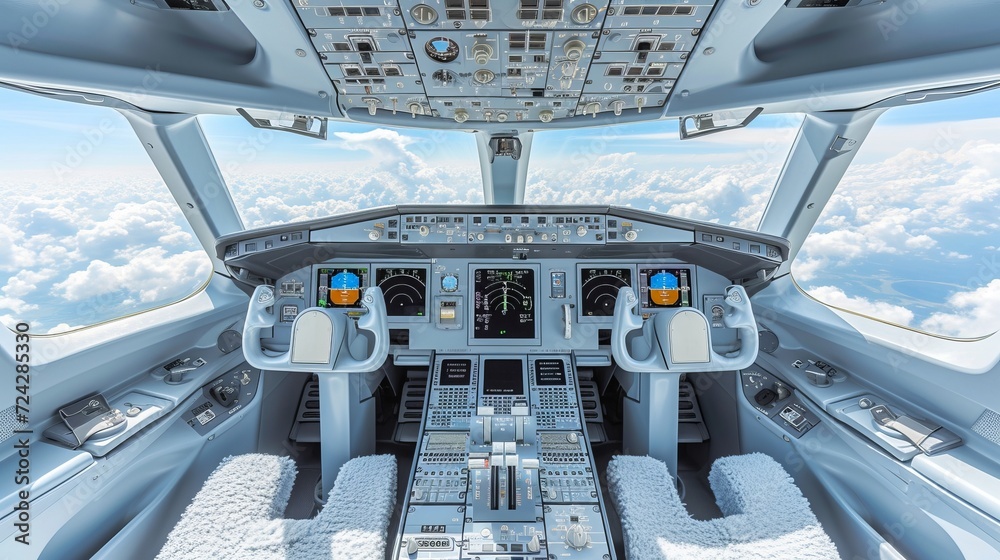 Commercial airplane cockpit interior with control panel, pilot seats ...