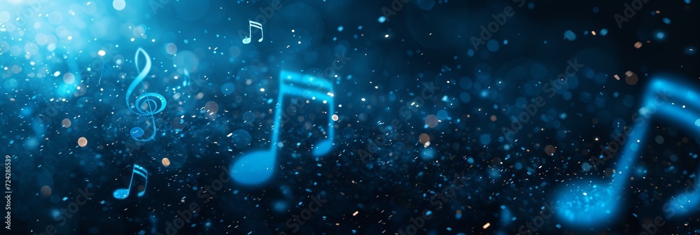 Abstract dark background with music notes and signs creating melodic ...