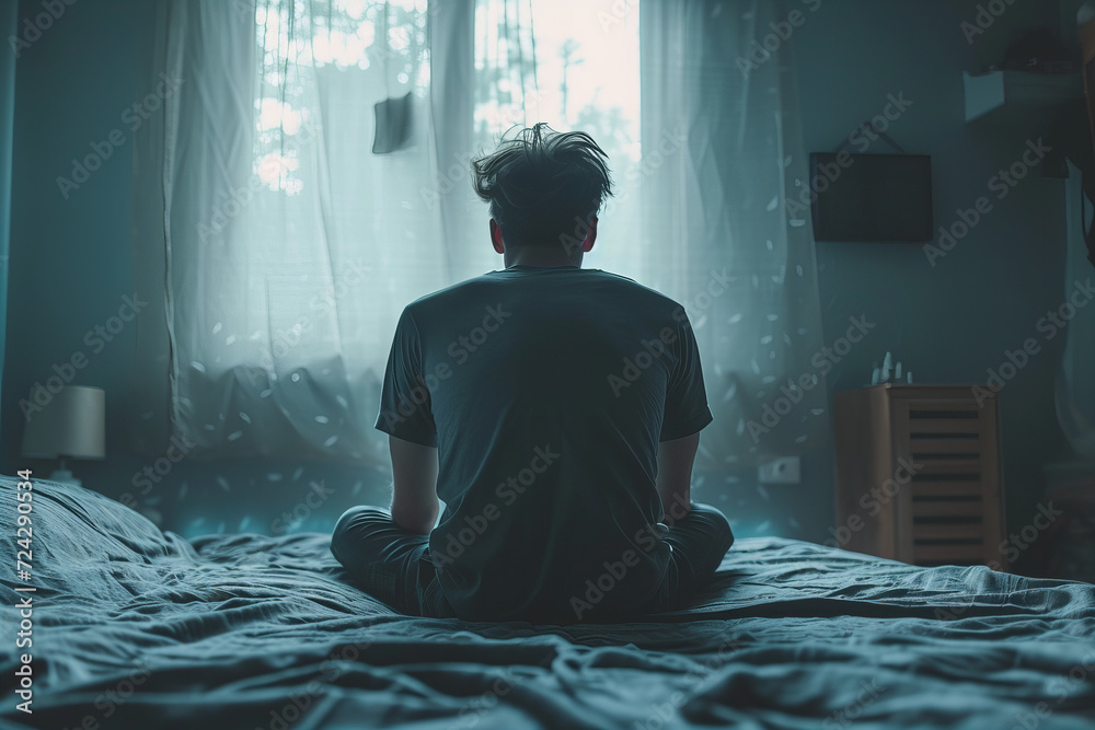 Depressed guy suffering from anxiety and panic disorder sitting on bed ...