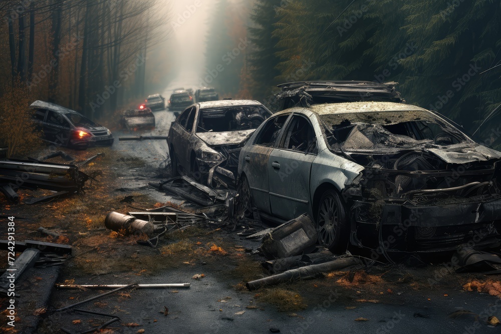 Burned cars in a foggy forest. Car crash concept. Broken cars in an ...