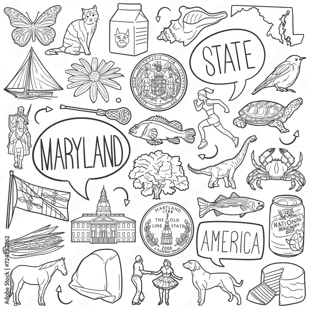 Maryland State Doodle Icons Black and White Line Art. United States ...