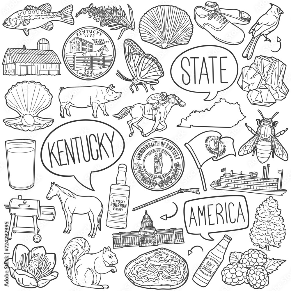 Kentucky State Doodle Icons Black and White Line Art. United States ...