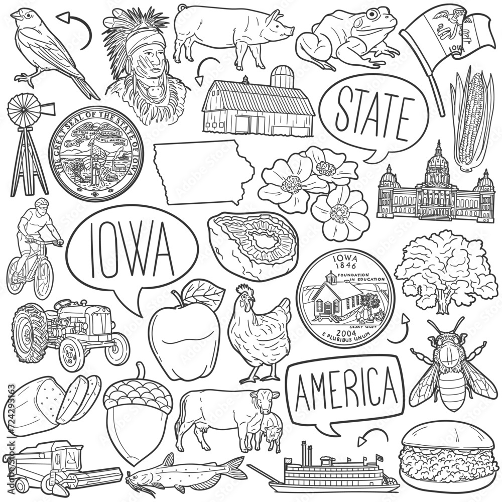 Iowa State Doodle Icons Black and White Line Art. United States Clipart ...