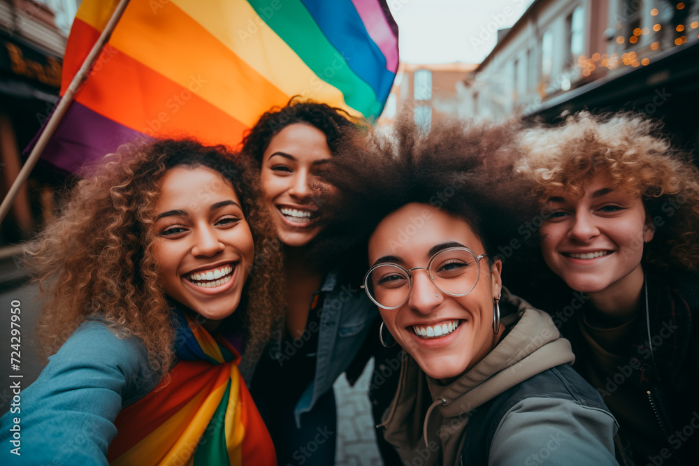 Selfie of a multi-ethnic group of friends with lgbt pride flags ...