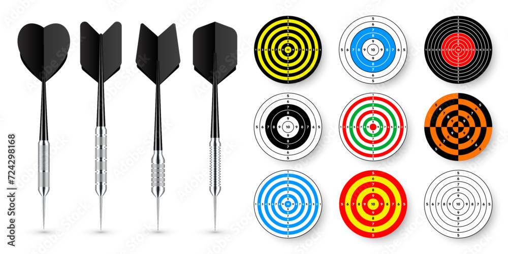 Paper targets with dart arrows and shadows. Shooting range round target ...