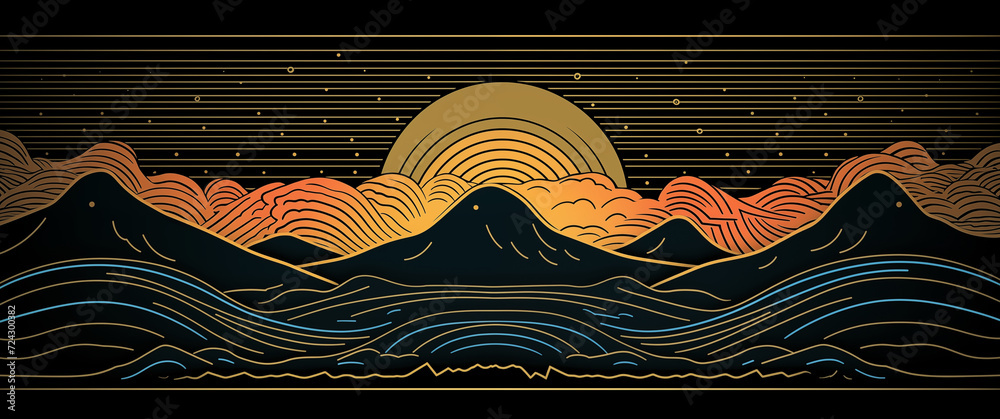 art deco background sun over mountains drawing illustration orange and ...