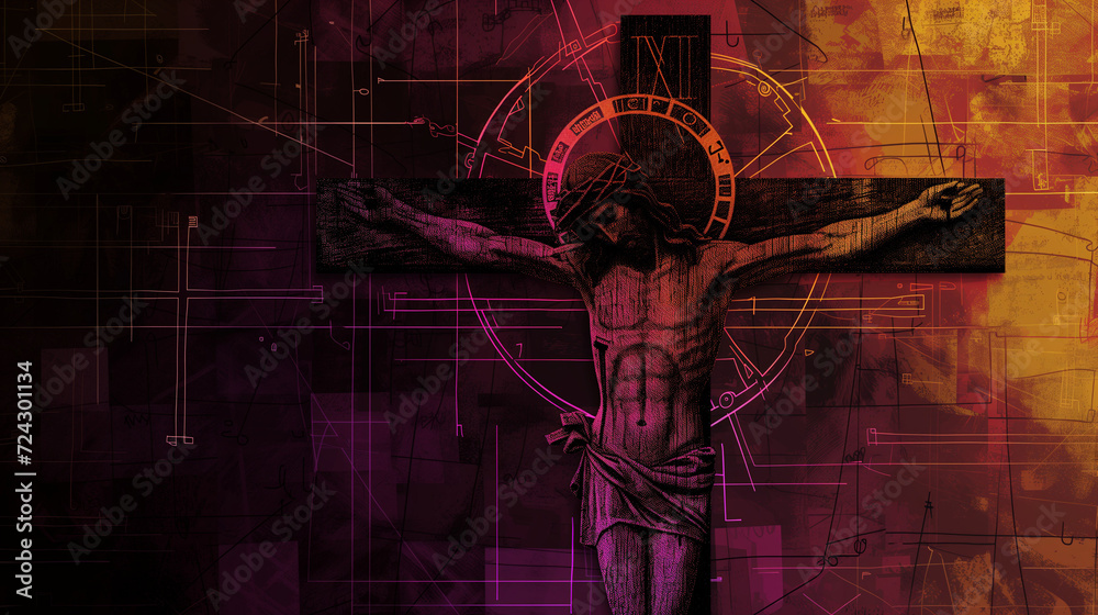 Dark-toned background as Jesus Christ on the cross is depicted in hues ...