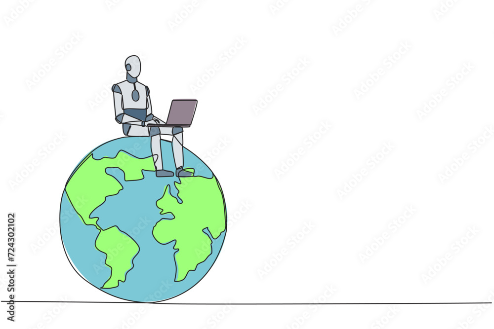 Continuous one line drawing robotic artificial intelligence sitting on ...