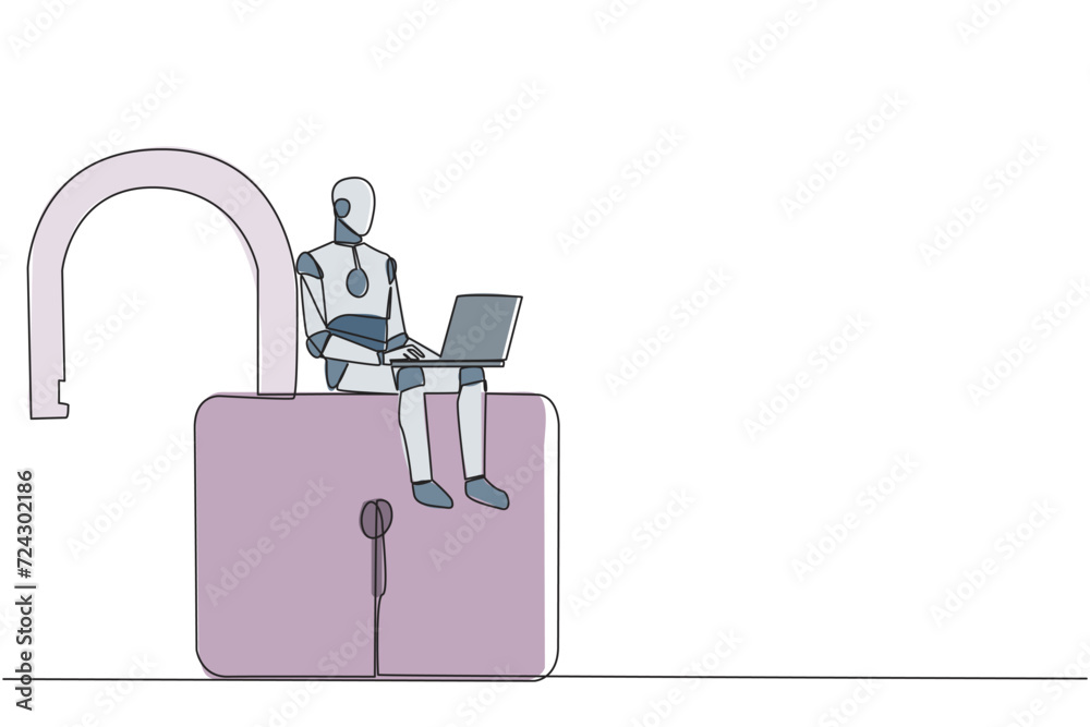 Single continuous line drawing robotic artificial intelligence sitting on big open padlock ...
