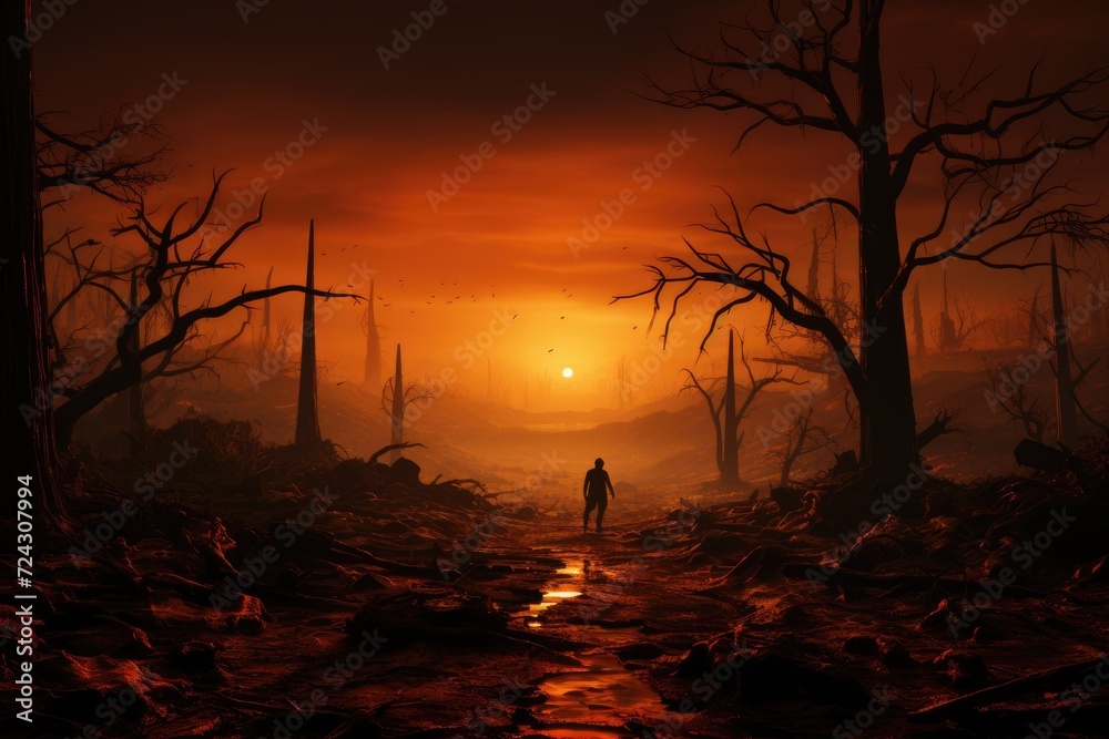 A stark image of a forest ravaged by a recent wildfire. Charred trees ...