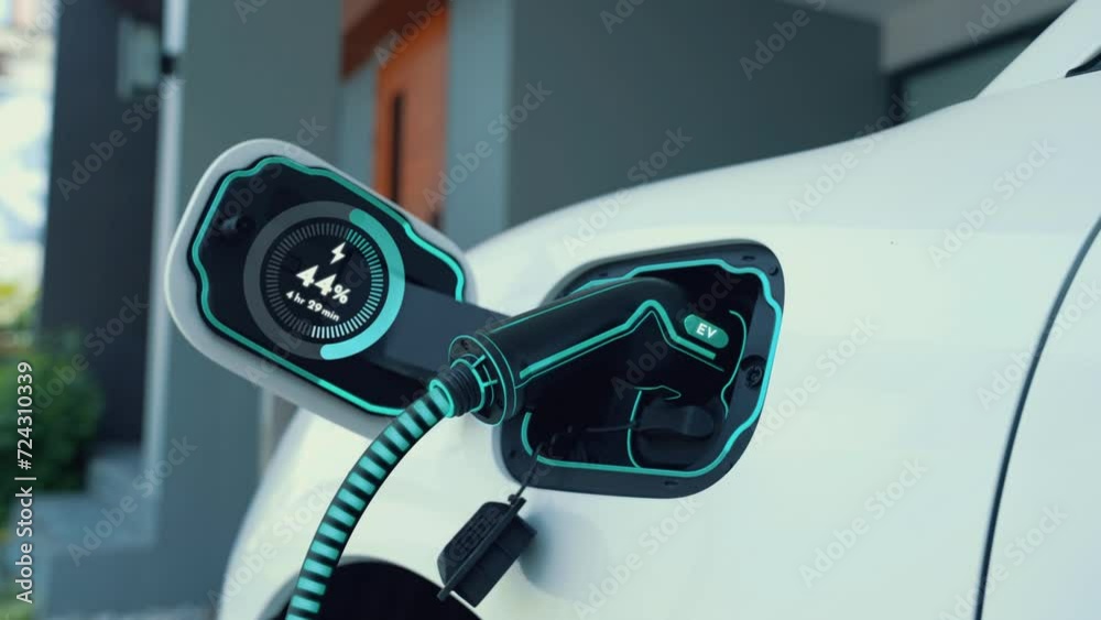 Electric car recharging in futuristic home charging station with smart ...