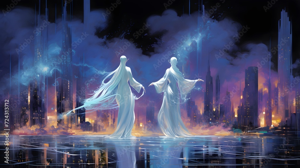 Fantasy scene of two angels in the night city. 3d rendering Stock ...