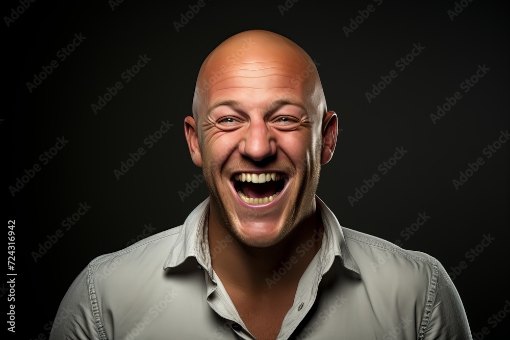 Angry bald man screaming over black background. Facial expressions ...