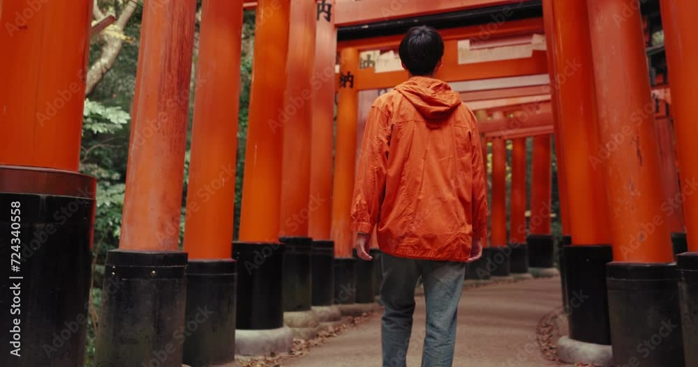 Inari shrine, man and shinto temple with back for religion, ideas and ...