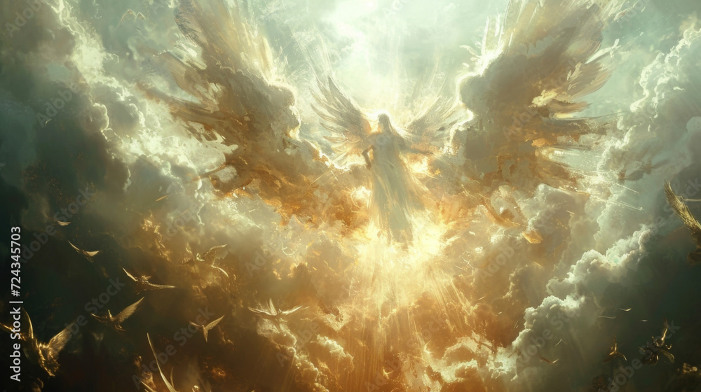 Amidst a heavenly realm of pure white clouds and golden gates angels ...