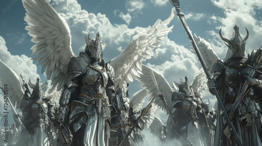 A group of Valkyries fly through a cloudy sky their armor shimmering in ...