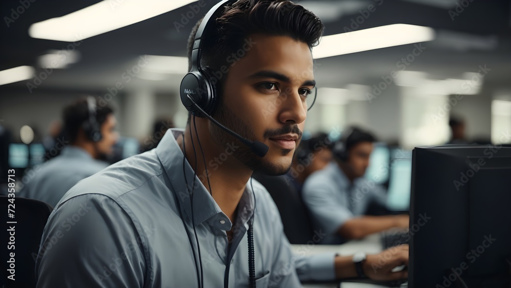 Man at computer, call center and headset with contact us, communication ...