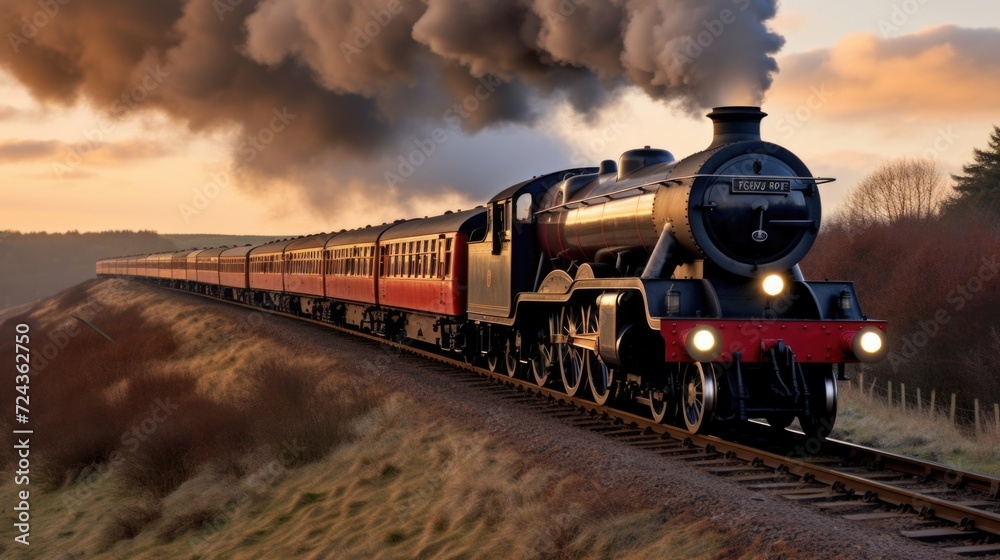 The powerful engine of a classic steam train belches smoke as it pulls ...