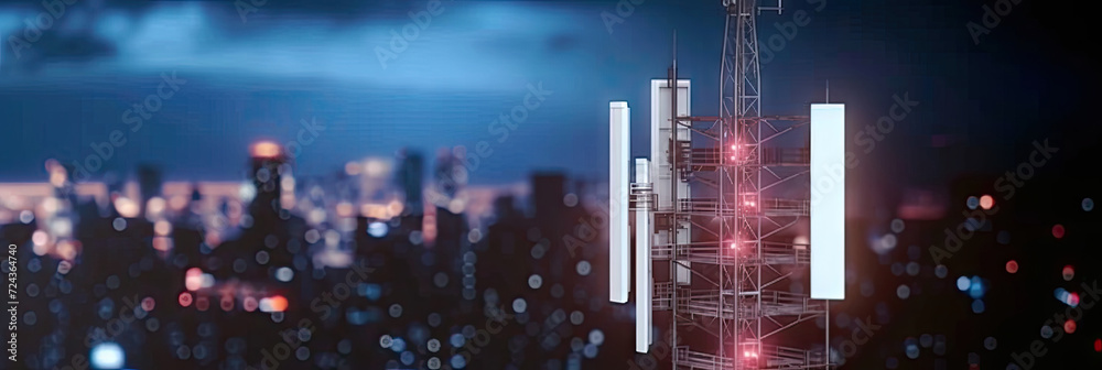 mobile phone signal repeater station tower with blur city at night ...