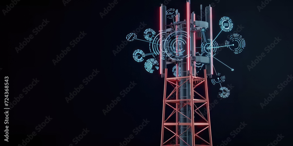 mobile phone signal repeater station tower with futuristic hud hologram ...