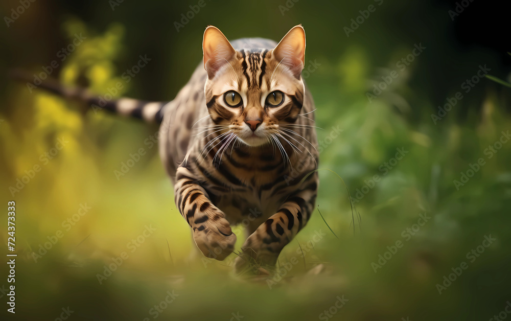 Bengal cat moving very fast with time-lapse motion blur on the green ...