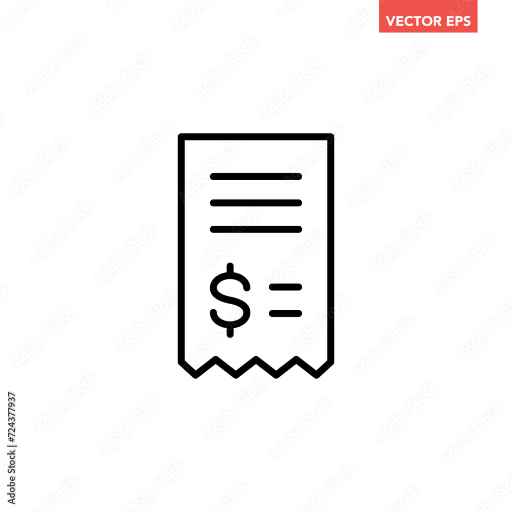 Black single receipt line icon, simple business printout invoice or ...