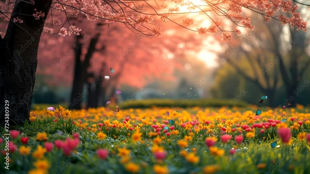 Vidéo Stock Spring scenery in a flower field with pink leaves, and ...