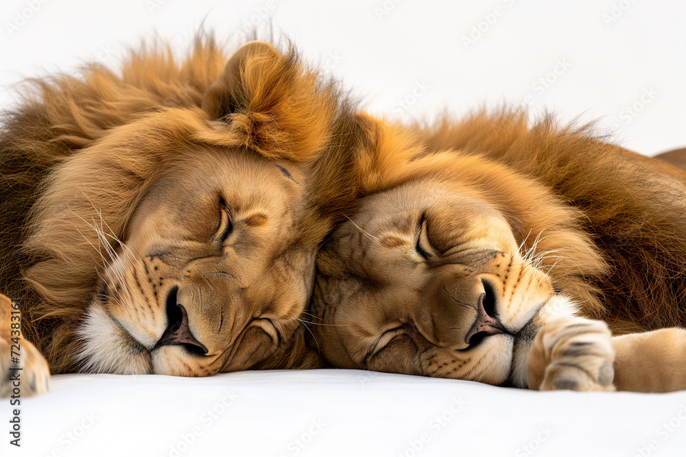 Two majestic lions rest peacefully on a snowy landscape, their powerful ...
