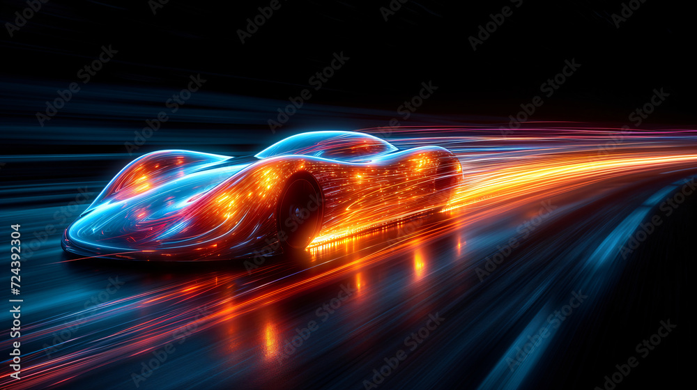 Racing sports car on neon highway. Powerful acceleration of a supercar ...