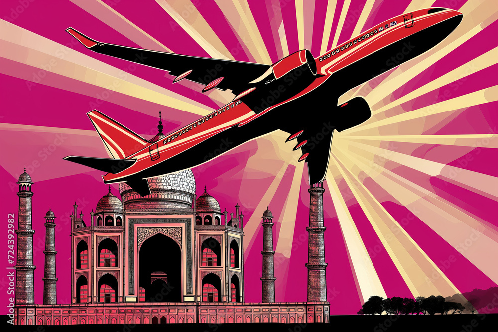 Taj Mahal and plane illustration pop art cartoon postcard colorful ...