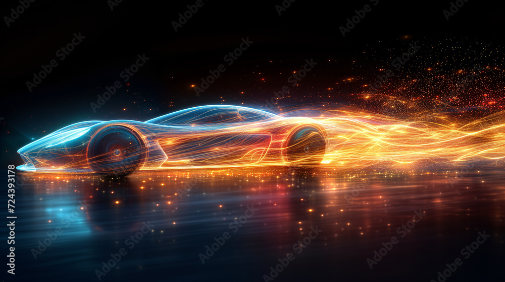 Racing sports car on neon highway. Powerful acceleration of a supercar ...