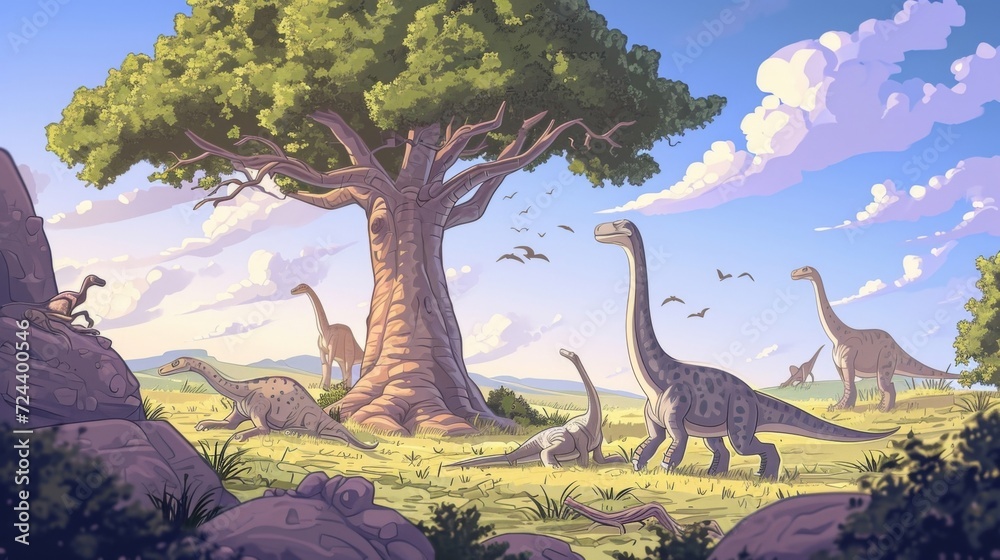Under the shade of a tall tree a group of diverse dinosaurs including ...