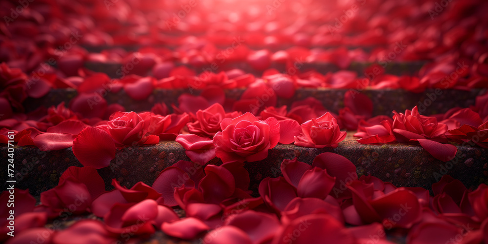 Vivid red roses and petals cascade down rustic textured steps, creating ...