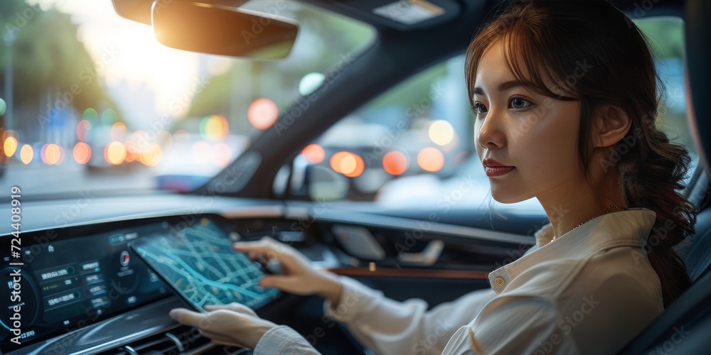 Future of Driving: A Woman Navigates Through the City using Her Car's ...