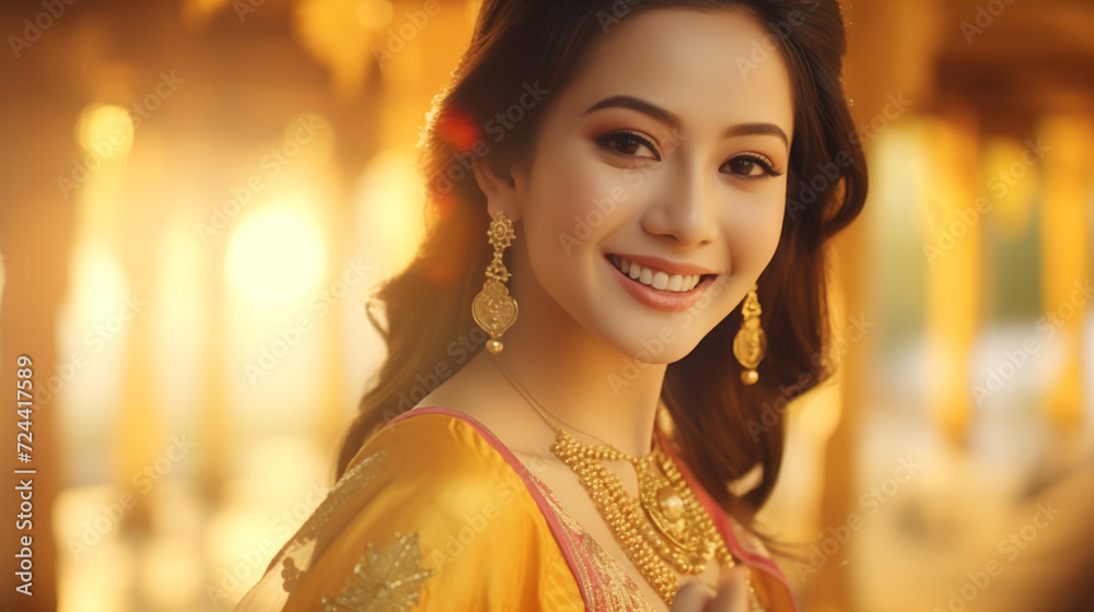 Close-up beautiful Asian Girl wearing gold dress traveling in Thai ...