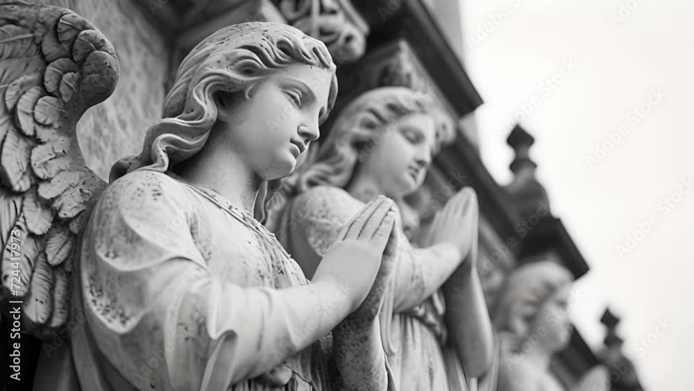 With hands clasped in prayer and eyes cast downward the stone angel ...
