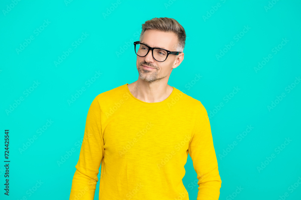 Trouble seeing. Eyewear for man isolated on blue. See good in ...