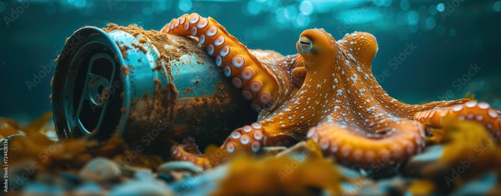 octopus and metal can trash in ocean, pollution danger Stock ...