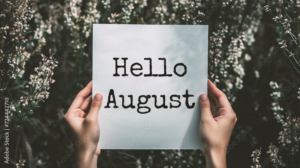 Female hands holding Hello August card with flowers background. Vintage ...