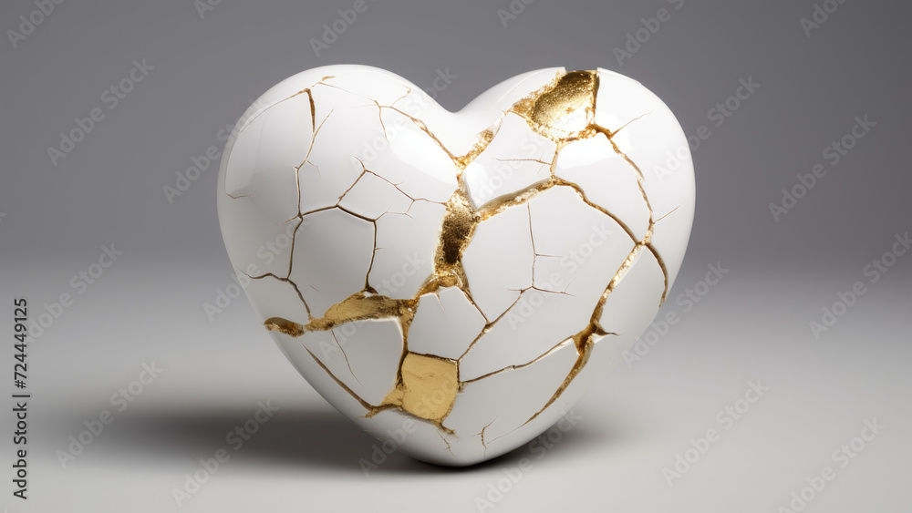 White porcelain ceramic heart with golden cracks details. Kintsugi, the ...
