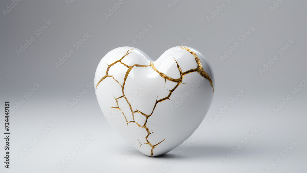 White porcelain ceramic heart with golden cracks details. Kintsugi, the ...