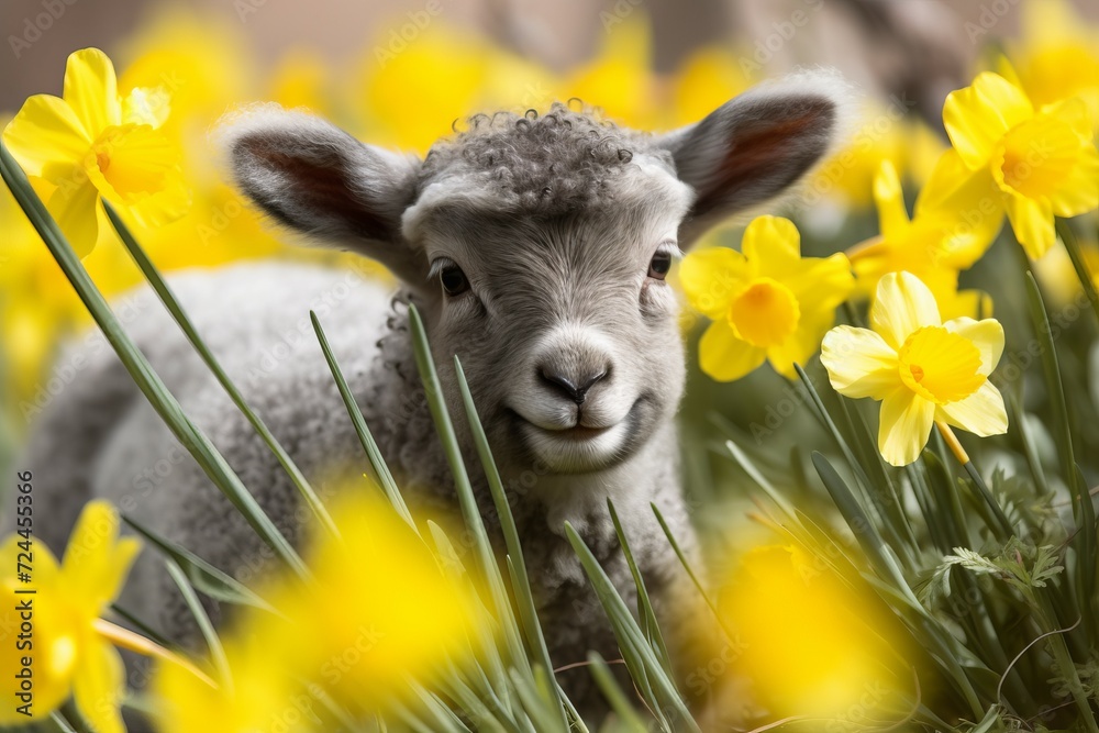 Cute grey small lamb in daffodil blossom field. Innocent woolly baby ...