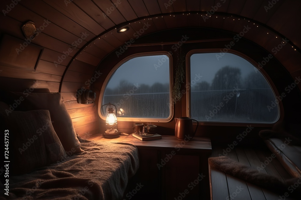 Tiny caravan living space interior rainy nighttime. Cozy indoor room in ...
