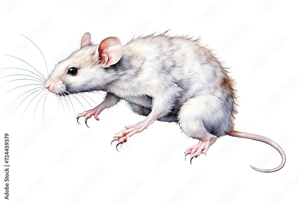 A jumping rat on a white background is isolated. The cartoon character ...