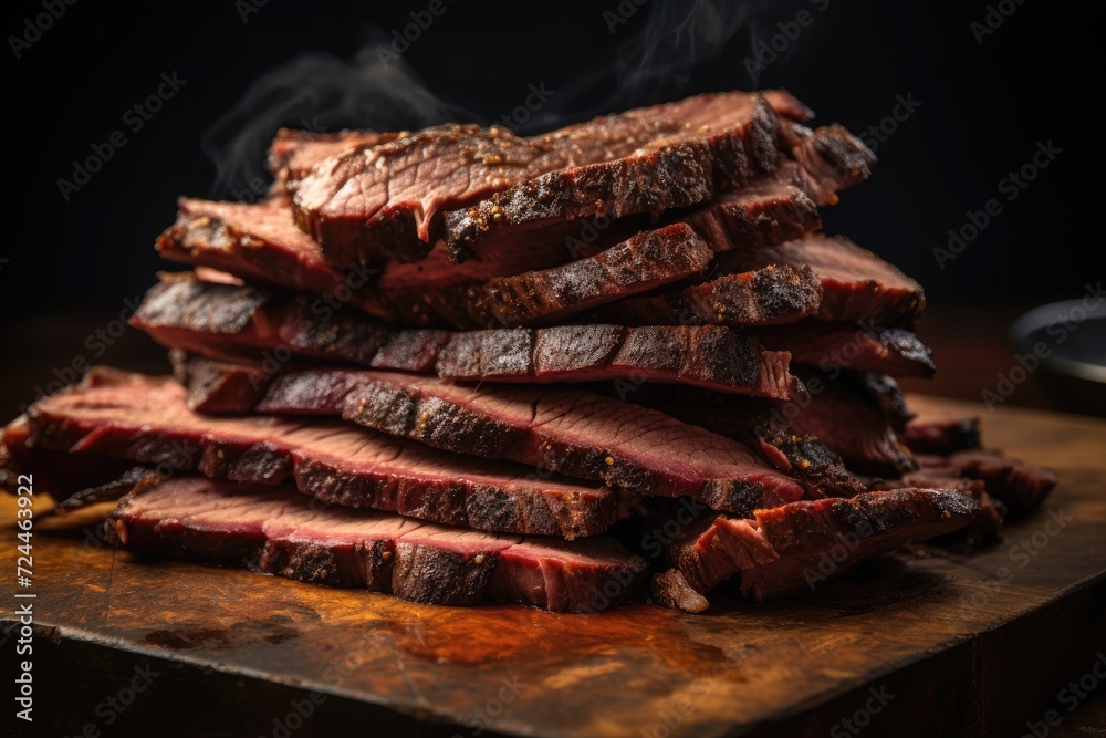 A mouthwatering pile of roast beef is showcased on a cutting board ...
