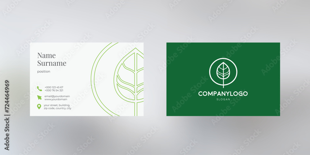 Vector business card design with green background and leaf logo ...