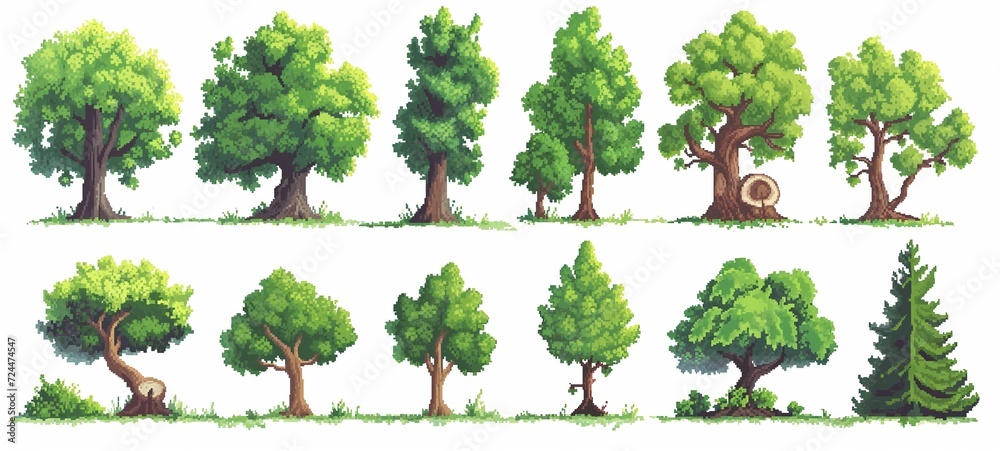 Set of pixel art trees, each with unique 8-bit charm, perfect for retro ...