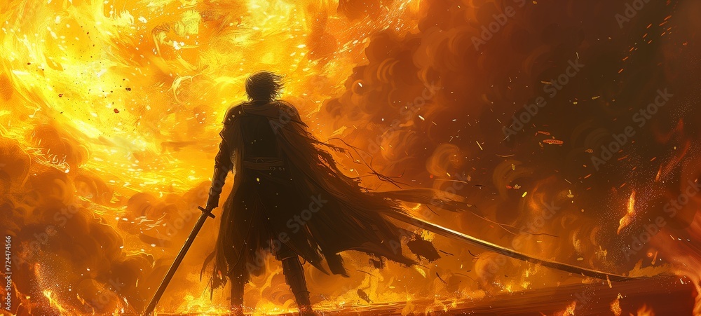 Epic fantasy anime art of a lone warrior poised with a sword against a ...