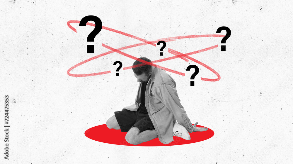 Modern aesthetic artwork. upset and exhausted man sits on red dot with ...